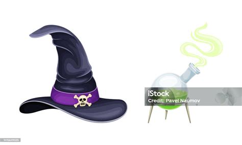 끓는 물약과 마녀 모자가있는 유리 플라스크 요술 객체 세트 만화 벡터 일러스트 레이 션 교육에 대한 스톡 벡터 아트 및 기타 이미지 교육 그래픽 사용자 인터페이스