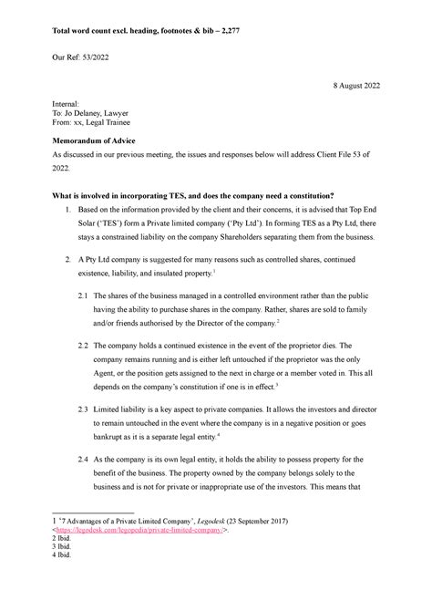 Memorandum Of Advice Our Ref 53 8 August 2022 Internal To Jo