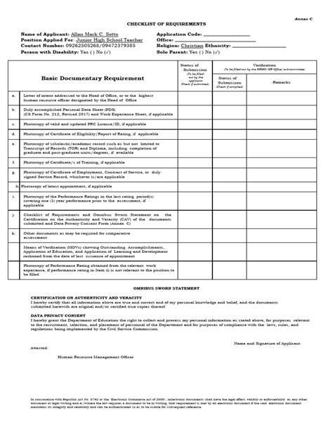 Annex C Checklist Of Requirements And Omnibus Sworn Statement Pdf