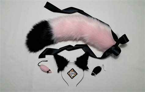 Pink And Blackcat Ears And Tailcat Headbandcat Tailfox Etsy