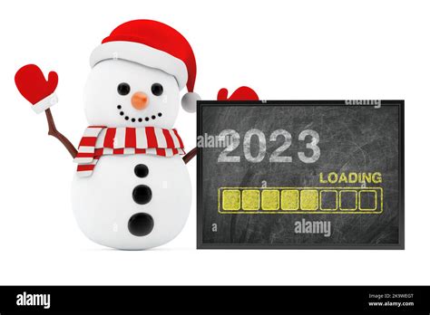 new year concept snowman near chalkboard with progress bar showing
