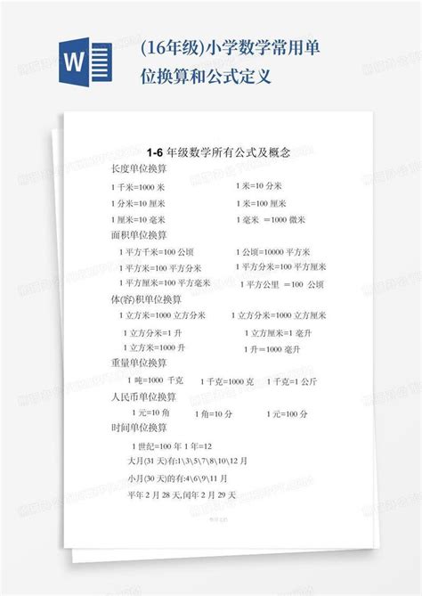 1 6年级 小学数学常用单位换算和公式定义word模板下载 编号qkmjaapp 熊猫办公