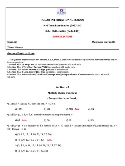 Podar International School Answer Scheme Pdf Square Root