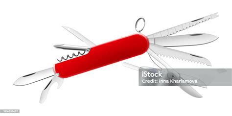 스위스 육군 칼 또는 포켓 나이프는 흰색 배경에 사실적인 벡터를 격리했습니다 이 절단 도구는 음식을 자르거나 종이를 자르거나 나무를 조각하거나 생선의 내장을 빼낼 때 큰