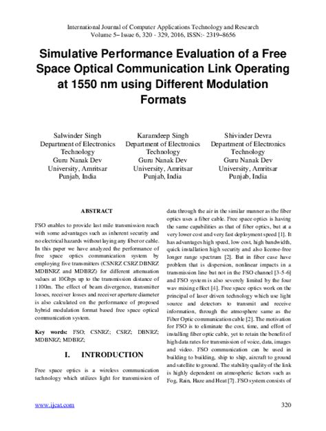 Pdf Simulative Performance Evaluation Of A Free Space Optical Communication Link Operating At