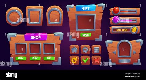 Game Ui Interface Icons And Wooden Boards With Metal Frames Menu Buttons Progress Bars Store