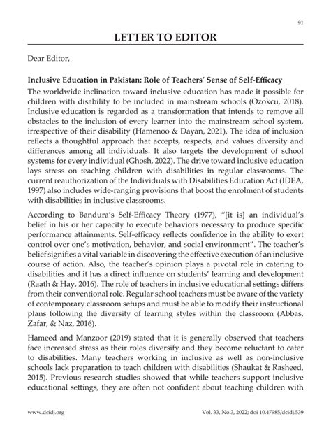 Pdf Inclusive Education In Pakistan Role Of Teachers Sense Of Self Efficacy