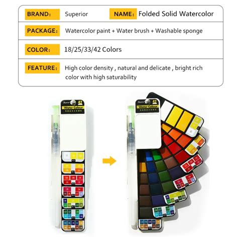 2 Pc 팬 모양의 솔리드 수채화 페인트 물 브러시 펜 접이식 여행 물 컬러 안료 42 색