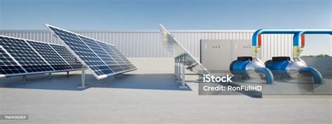 옥상 공장에 있는 물 펌프 스테이션의 3d 렌더링 원심 펌프 전기 모터 파이프 라인 밸브 태양 전지 패널 및 컨트롤 박스를 포함합니다 분배 급수 공급을위한 산업 작업 기계