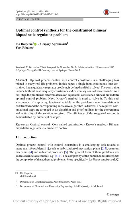 Optimal Control Synthesis For The Constrained Bilinear Biquadratic
