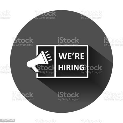 우리는 플랫 스타일로 아이콘을 고용 하 고 있습니다 일자리 공석 검색 벡터 일러스트 레이 션에 검은 색 둥근 배경 긴 그림자 비즈니스 콘셉트를 발표 하는 메가 폰 개념에
