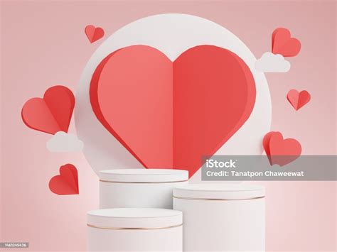 발렌타인 데이 테마로 빈 연단의 최소 장면의 3d 렌더링 제품 프레젠테이션 모형을 위한 디스플레이 스탠드 심플한 디자인으로 달콤하고 사랑스러운 핑크 컬러의 실린더 스테이지