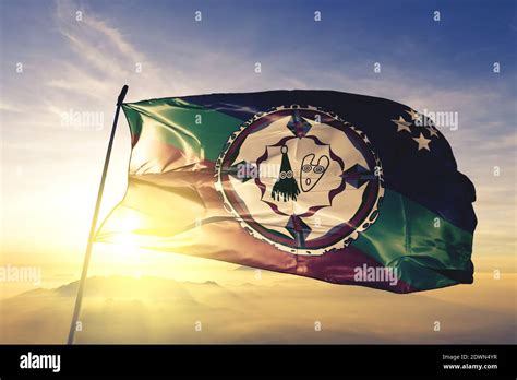 East New Britain Province Of Papua New Guinea Flag Waving Sunrise Mist
