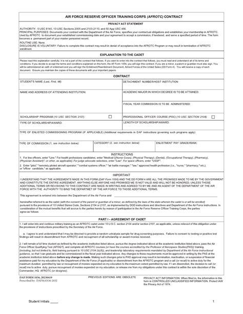Daf Form 1056 Air Force Reserve Officer Training Corps Afrotc Contract Forms Docs 2023