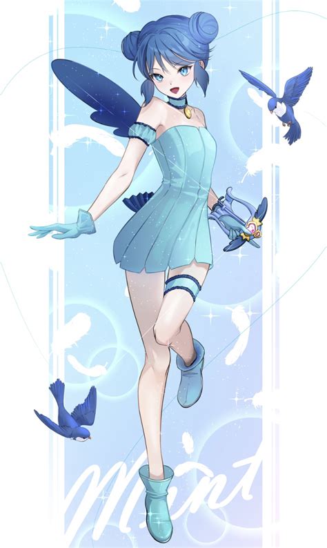 Safebooru 1girl D Aizawa Mint Bare Legs Bare Shoulders Bird Blue Background Blue Choker Blue