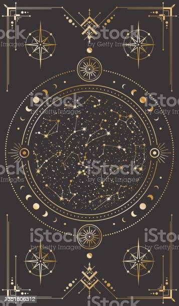 화려한 윤곽 기하학적 프레임 별 조디악 별자리 달 위상 과 동심 원을 가진 벡터 황금 신비한 배경 신비선형 배너 타로 카드 커버 원형에 대한 스톡 벡터 아트 및 기타 이미지