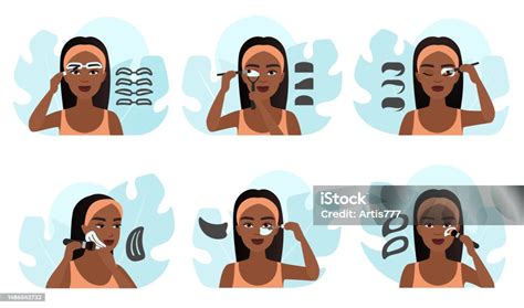 메이크업 스텐실 사용 방법 튜토리얼 및 인포그래픽 세트 템플릿이 있는 여성 모델 개성 개념에 대한 스톡 벡터 아트 및 기타 이미지 개성 개념 개체 그룹 검은색