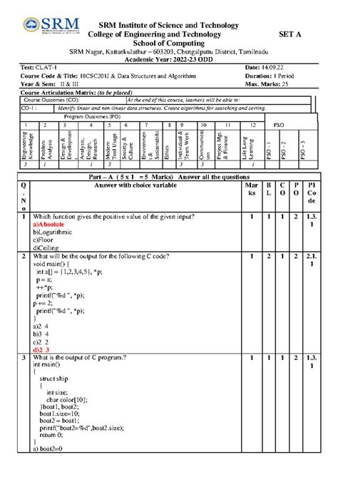 Dsa Ct1 Set C Srm Institute Of Science And Technology College Of