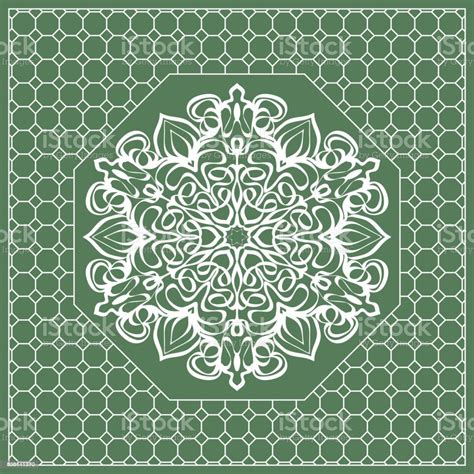 정연 한 기하학적 레이스 패턴에서 구성 스카프 인쇄 직물 커버 스크랩북 두건 숄 숄 카펫에 대 한 꽃 만다라 배경 디자인 벡터 일러스트 레이 션 그린 색상 0명에 대한 스톡