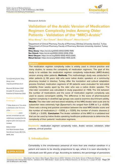 Pdf Validation Of The Arabic Version Of Medication Regimen Complexity