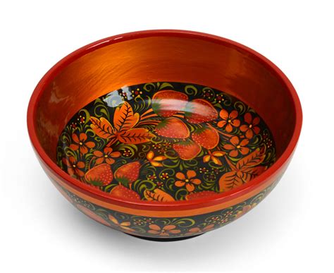 Тарелка деревянная глубокая хохлома "Клубника". Салатник. Сухарница ...