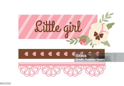 베이비 샤워 스티커 라벨 또는 피는 꽃과 마음이 있는 이음매 없는 접착 테이프 아기 도착 또는 출생 스크랩북을 위한 디자인 요소 플랫 벡터 일러스트 레이 션 세트 0명에