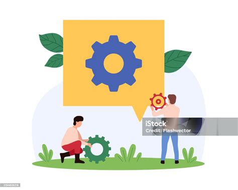 설정 최적화 프로세스 또는 금속 기어를 가진 작은 사람들에 의한 제품 개선 개념에 대한 스톡 벡터 아트 및 기타 이미지 개념 개선 건설 기계류 Istock