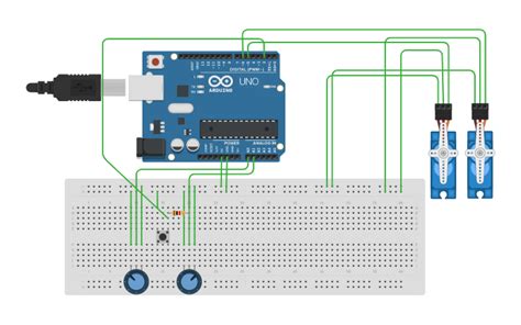 Circuit Design Joystick 2 Potentiometers And 2 Servos Tinkercad