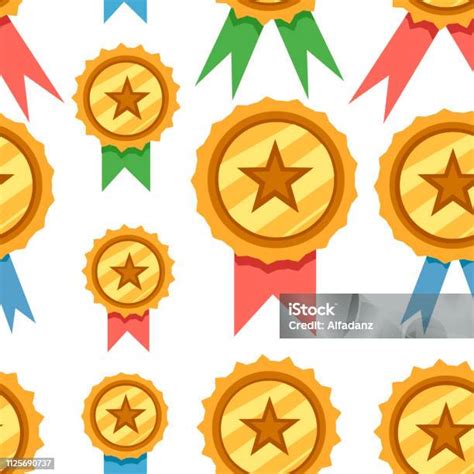 완벽 한 패턴입니다 파란색 빨간색과 녹색 리본으로 황금 상 배지 세트 흰색 바탕에 평면 벡터 일러스트 레이 션 경쟁에 대한 스톡 벡터 아트 및 기타 이미지 Istock
