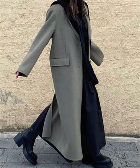 핸드메이드코트 오버 핏 울 겨울 모직 맥시 롱 트렌치형 싱글 카라넥 트임 슬릿 코트