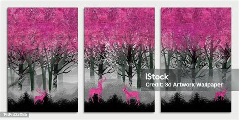 3d 현대 미술 벽화 벽지 다크 핑크 정글 숲 배경 황금 사슴 크리스마스 트리 산 벽에 프레임으로 사용하기 위해 0명에 대한 스톡 사진 및 기타 이미지 Istock
