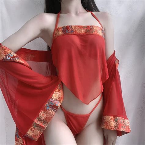 Sexy Red Kimono Three Piece Pajamas For Women Classical Oriental Silk