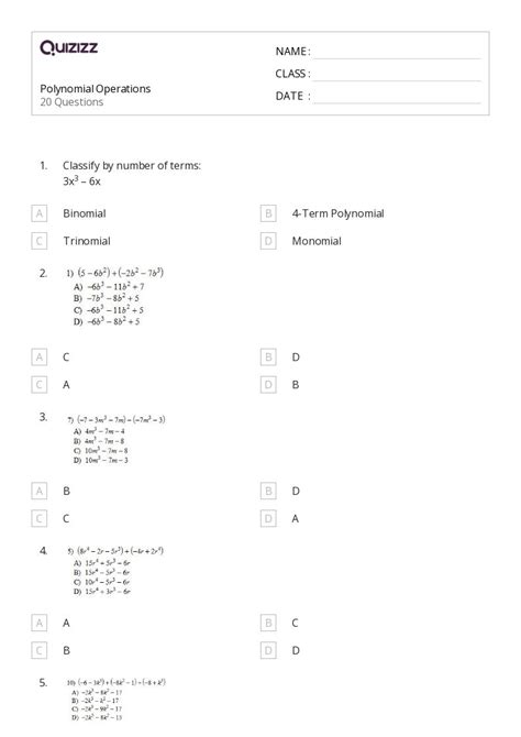 50 Polynomial Operations Worksheets For 10th Class On Quizizz Free And Printable