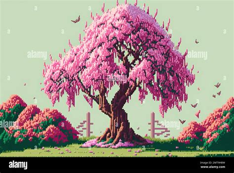 Spring Season Cherry Blossom Tree With Beautiful Landscape Background Pixel Art Style Stock