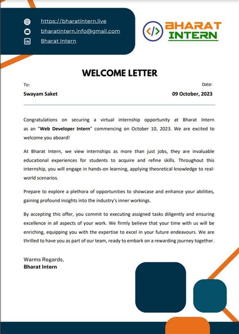 I Am Glad To Share That I Have Selected As An Intern In Bharat Intern As A Web Developer Intern