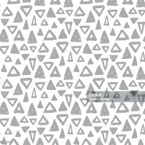 흰색 배경에 격리된 회색 잉크 윤곽 선형 삼각형입니다 귀여운 흑백 기하학적 원활한 패턴 벡터 간단한 평면 그래픽 손으로 그린 그림 텍스처 배경 주제에 대한 스톡 벡터 아트