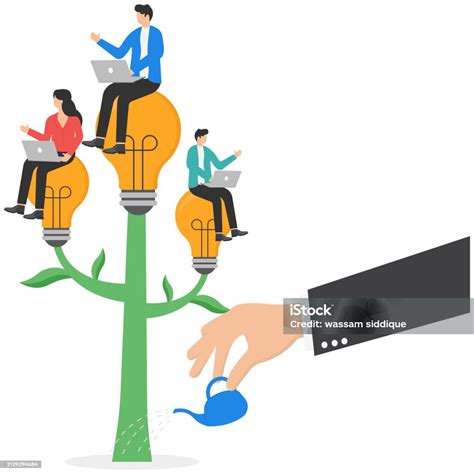 직장 내 마인드셋 문화 성장 비즈니스 팀 내 창의성 개발 기업 가치 개념 함양 같은 전구 나무에 앉아서 상사의 손으로 물을 받는