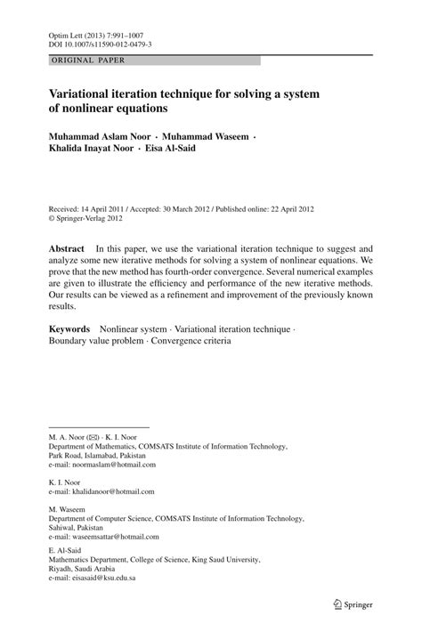 Pdf Variational Iteration Technique For Solving A System Of Nonlinear