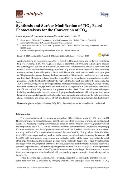 Pdf Synthesis And Surface Modification Of Tio2 Based Photocatalysts For The Conversion Of Co2