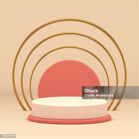 3d 베이지 색 실린더 연단 받침대 황금 벽 배경 현실적인 벡터 일러스트 레이 션 3차원 형태에 대한 스톡 벡터 아트 및 기타