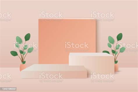 기하학적 형태의 최소 장면입니다 기둥에 종이 잎크림 배경의 실린더 연단 화장품 쇼케이스 숍프론트 디스플레이 케이스를 보여주는 장면 3d 벡터 그림입니다 0명에 대한 스톡