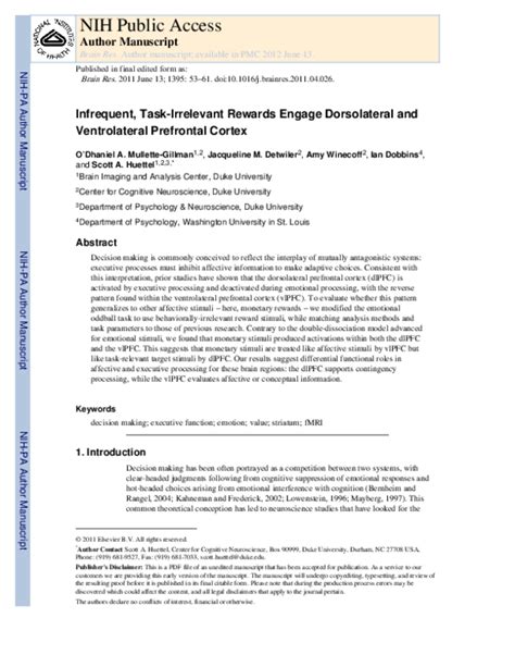 Pdf Infrequent Task Irrelevant Monetary Gains And Losses Engage Dorsolateral And