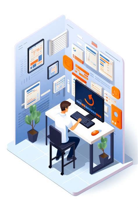 Man Sitting At Desk With Computer On It Generative Ai Stock Illustration Illustration Of