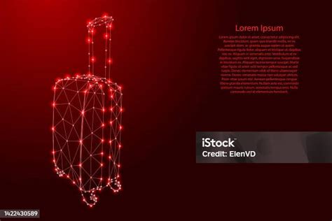 바퀴 달린 여행 가방 미래 지향적 인 다각형 빨간색 선의 수하물 가방 및 배너 포스터 인사말 카드를위한 빛나는 별 낮은 폴리 개념 벡터 일러스트레이션 가방에 대한 스톡 벡터