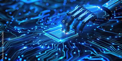 Futuristic Illustration Of A Robotic Hand Placing A Microchip On A Glowing Blue Circuit Board