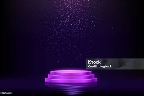 파란색 또는 보라색 제품 프레젠테이션 벡터 일러스트레이션을 위한 3단계 연단 반짝이는 색종이 조각이 배경 위에서 떨어지는 반짝이는 비가 내리는 추상적인 빈 수상 플랫폼