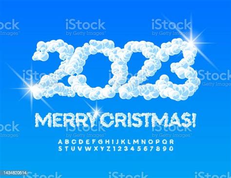 벡터 크리에이티브 인사말 카드 메리 크리스마스 2023 클라우드 스타일 알파벳 문자 및 숫자 세트 12월에 대한 스톡 벡터 아트 및 기타 이미지 Istock