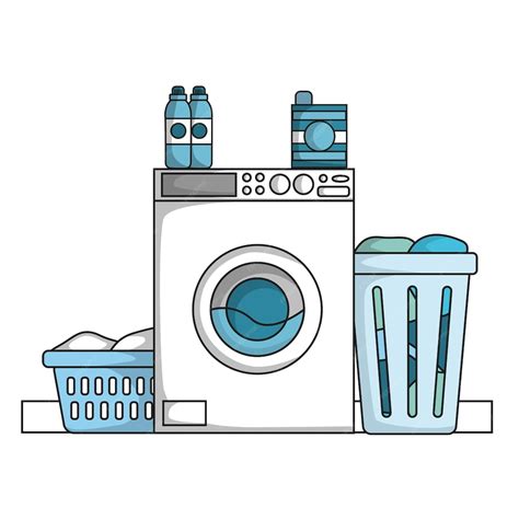세탁기 세제와 플라스틱 바구니 플랫 디자인 스타일이 있는 세탁실 내부 프리미엄 벡터