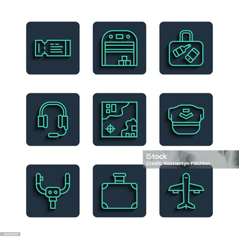 세트 라인 항공기 조종 조타 장치 여행 가방 비행기 세계 여행지도 마이크가있는 헤드폰 항공권 및 조종사 모자 아이콘 벡터 가방에 대한 스톡 벡터 아트 및 기타 이미지