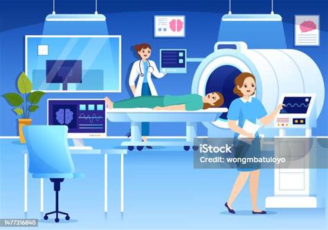 Mri 또는 자기 공명 영상 그림 의사와 환자가 건강 검진 및 Ct 스캔을 플랫 만화 손으로 그린 템플릿 Cat 스캔에 대한 스톡 벡터 아트 및 기타 이미지 Istock